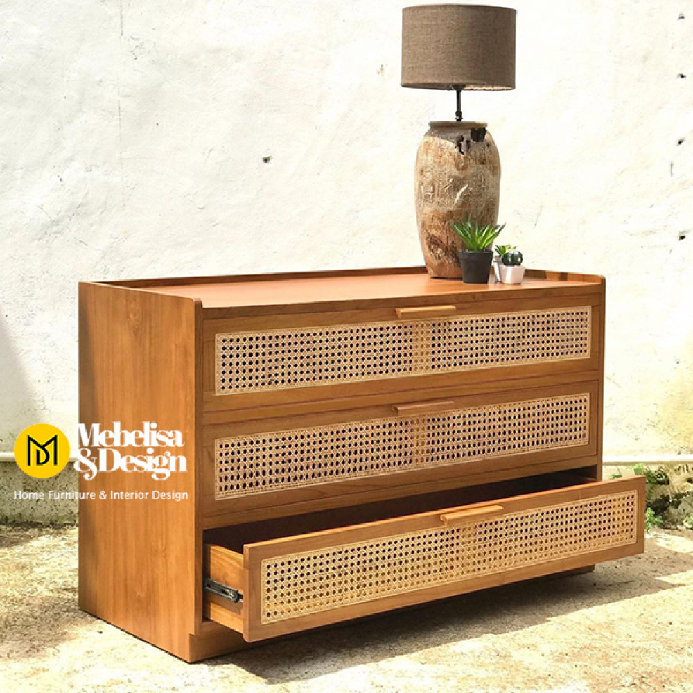 Meja Bufet Minimalis 3 Laci Jati Rotan Kinzy