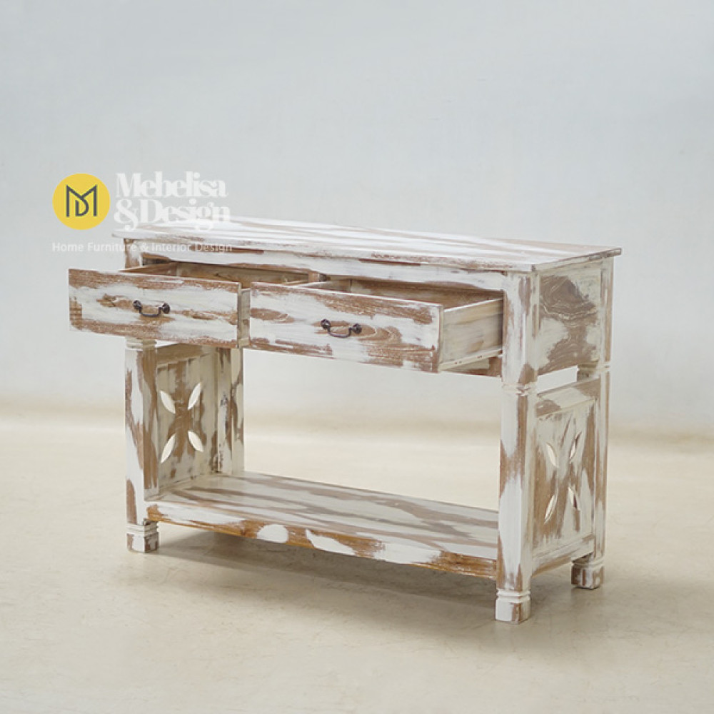 Meja Konsol Dinding Pajangan Jati White Wash Rustic