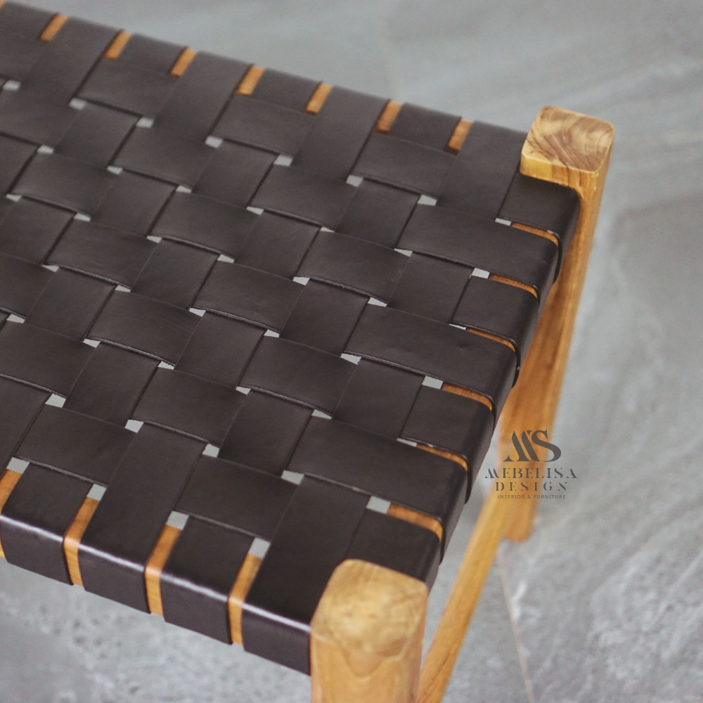 Bangku Stool Kayu Jati Dudukan Anyaman Kulit