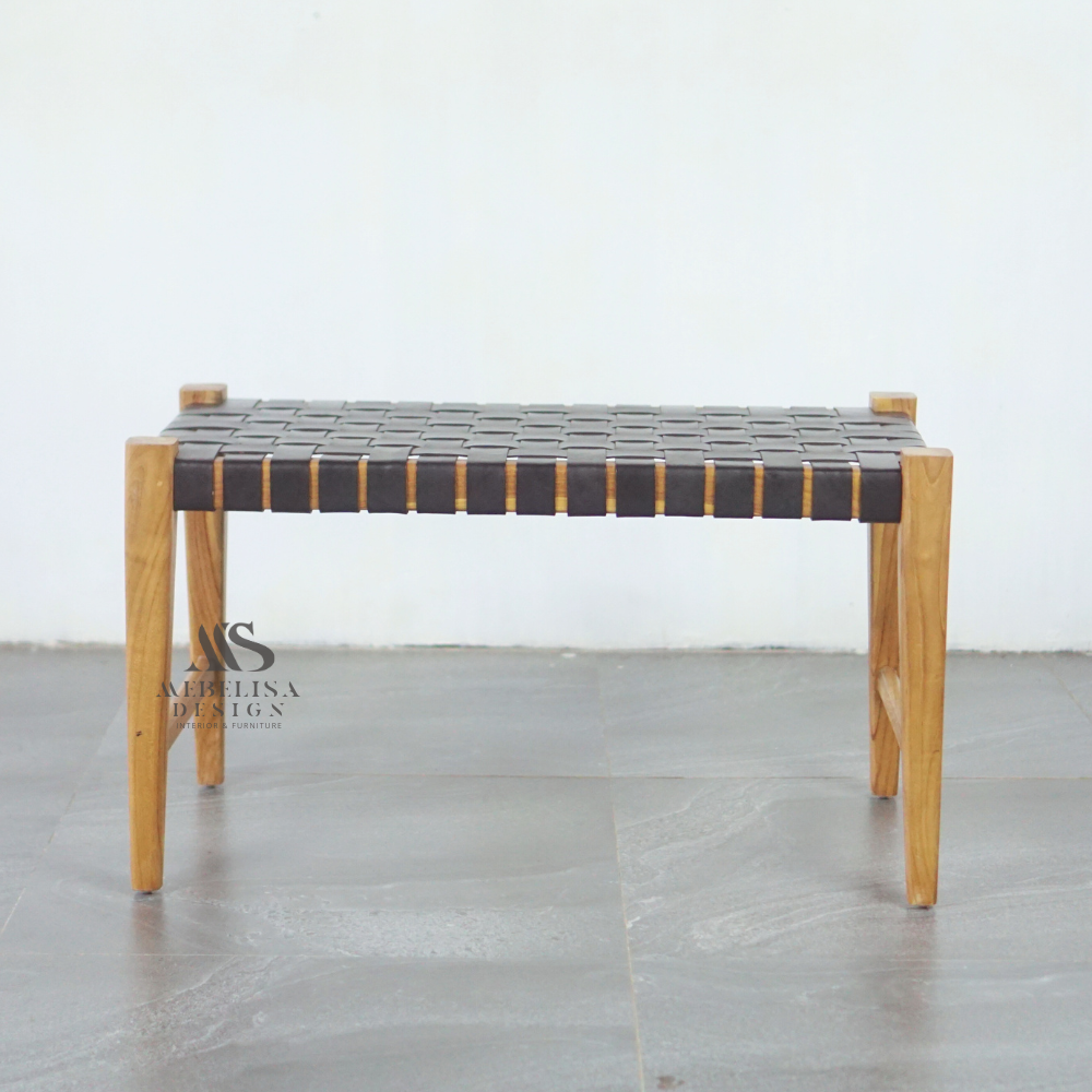 Bangku Stool Kayu Jati Dudukan Anyaman Kulit