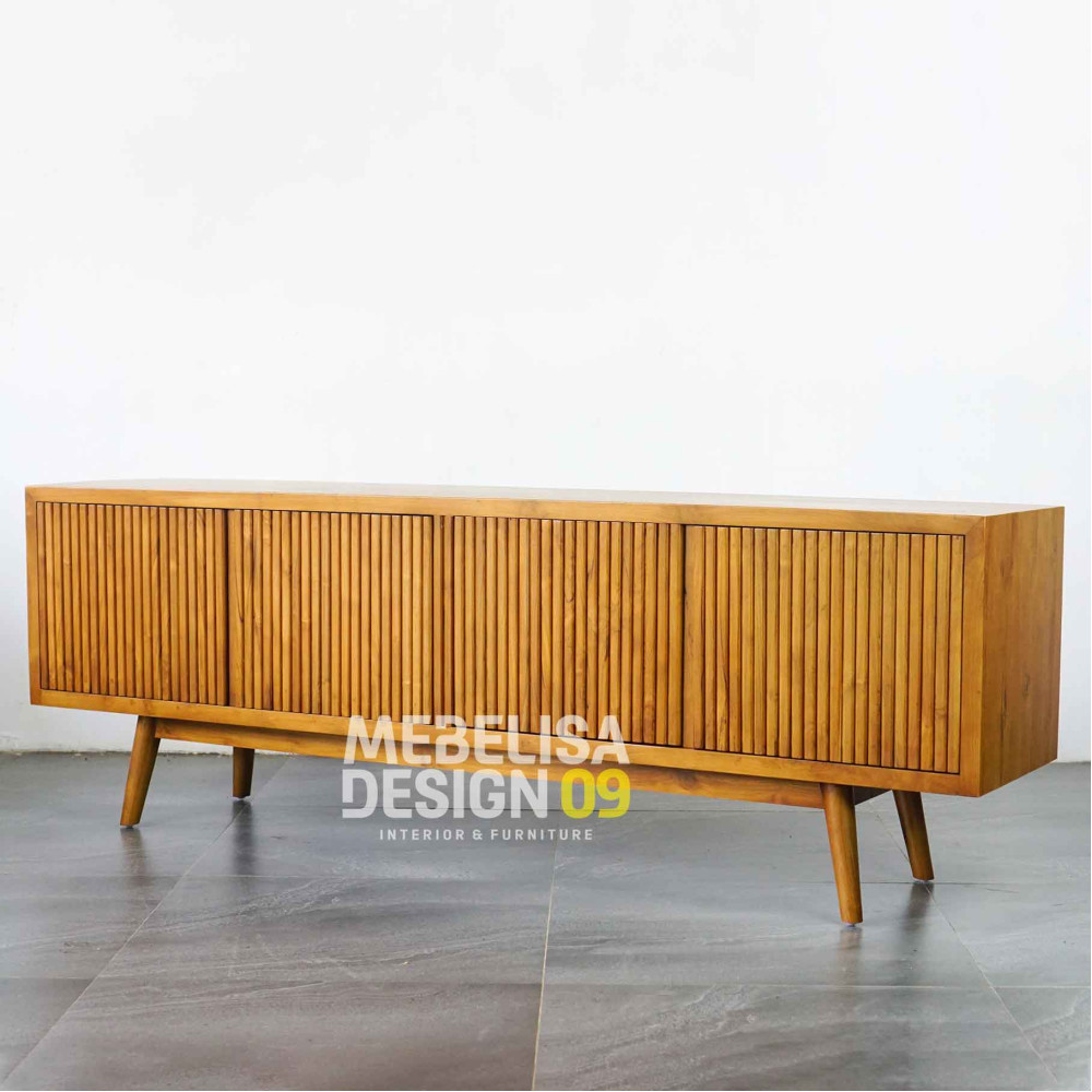 Bufet TV Minimalis Retro Kayu Jati Solid 4 Pintu Salur
