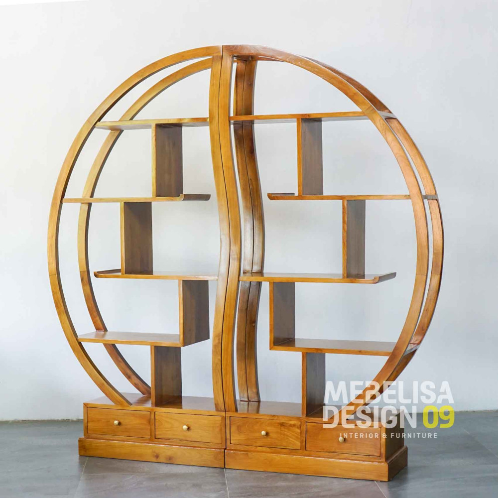 Rak Pajangan Ruang Tamu Kayu Jati Model Yin Yang