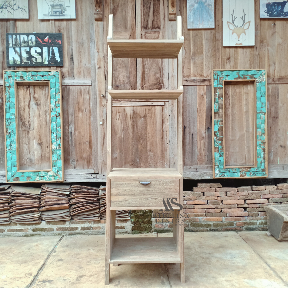 Reclaimed Teak Ladder Shelf with Storage Drawer