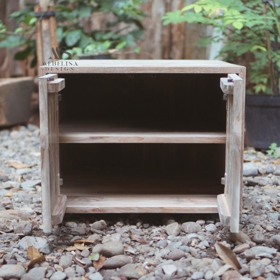 Recycled Teak Wood Nightstand Cabinet with 2 Doors