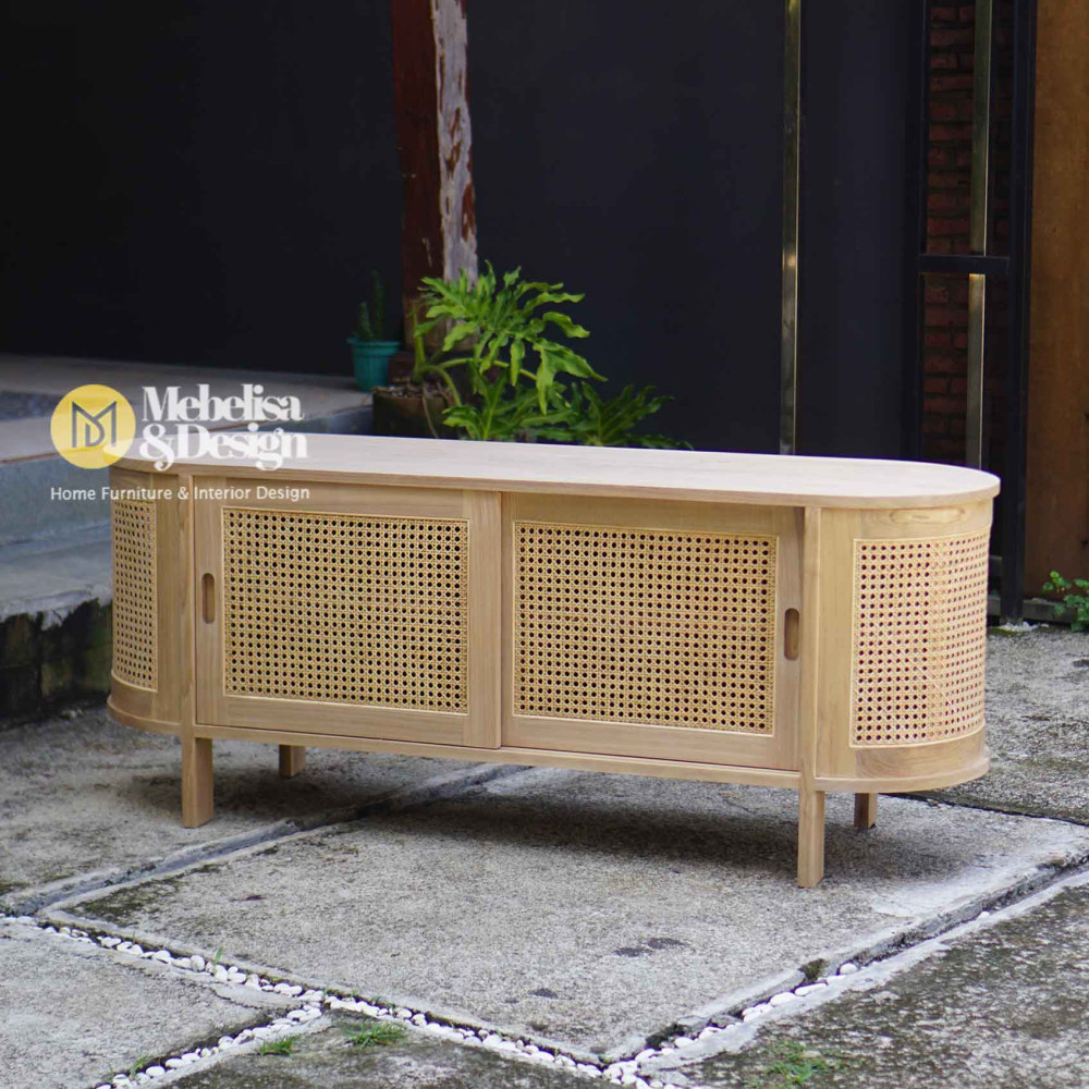Bufet Meja TV Oval Pintu Sliding Mix Rotan Nordic Style