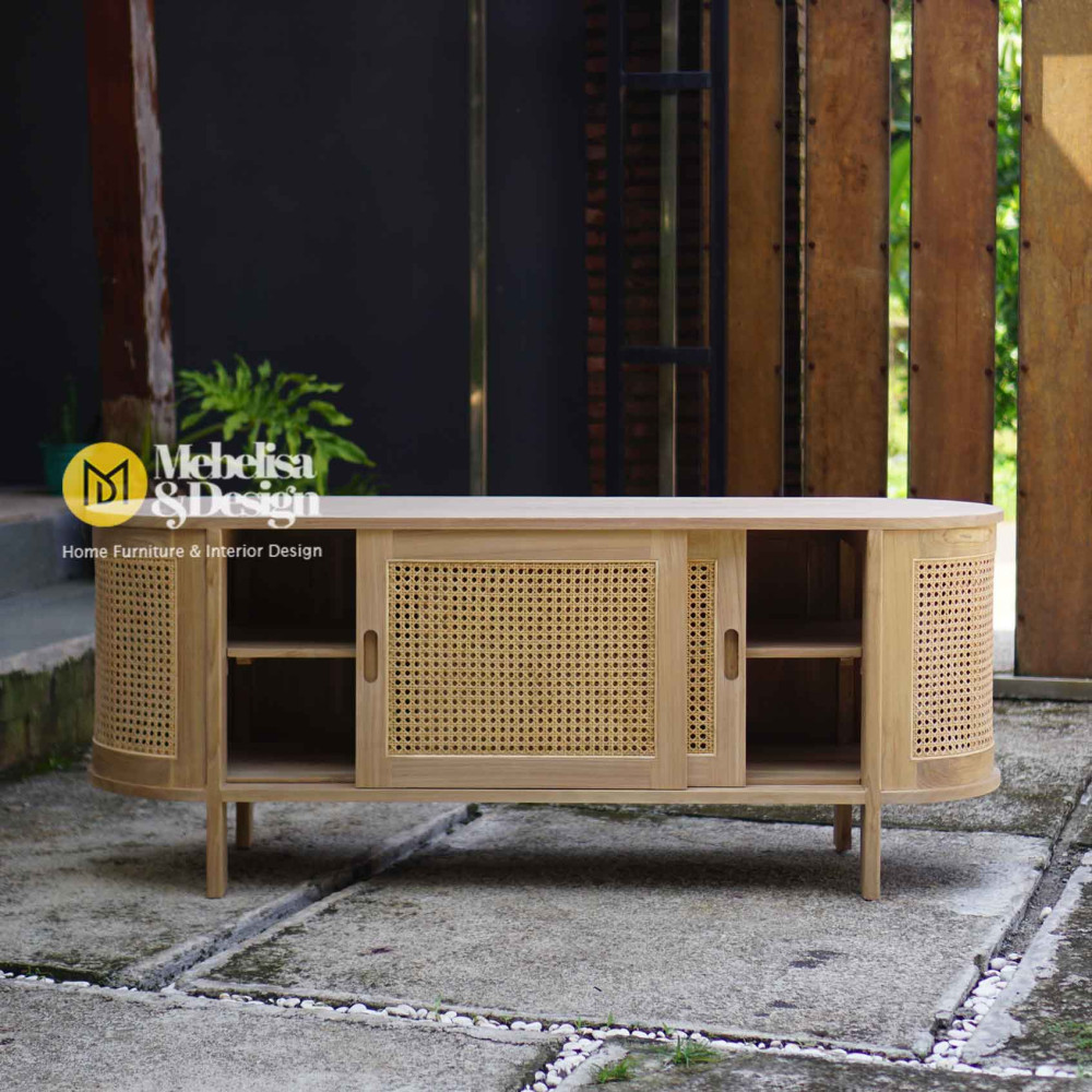 Bufet Meja TV Oval Pintu Sliding Mix Rotan Nordic Style