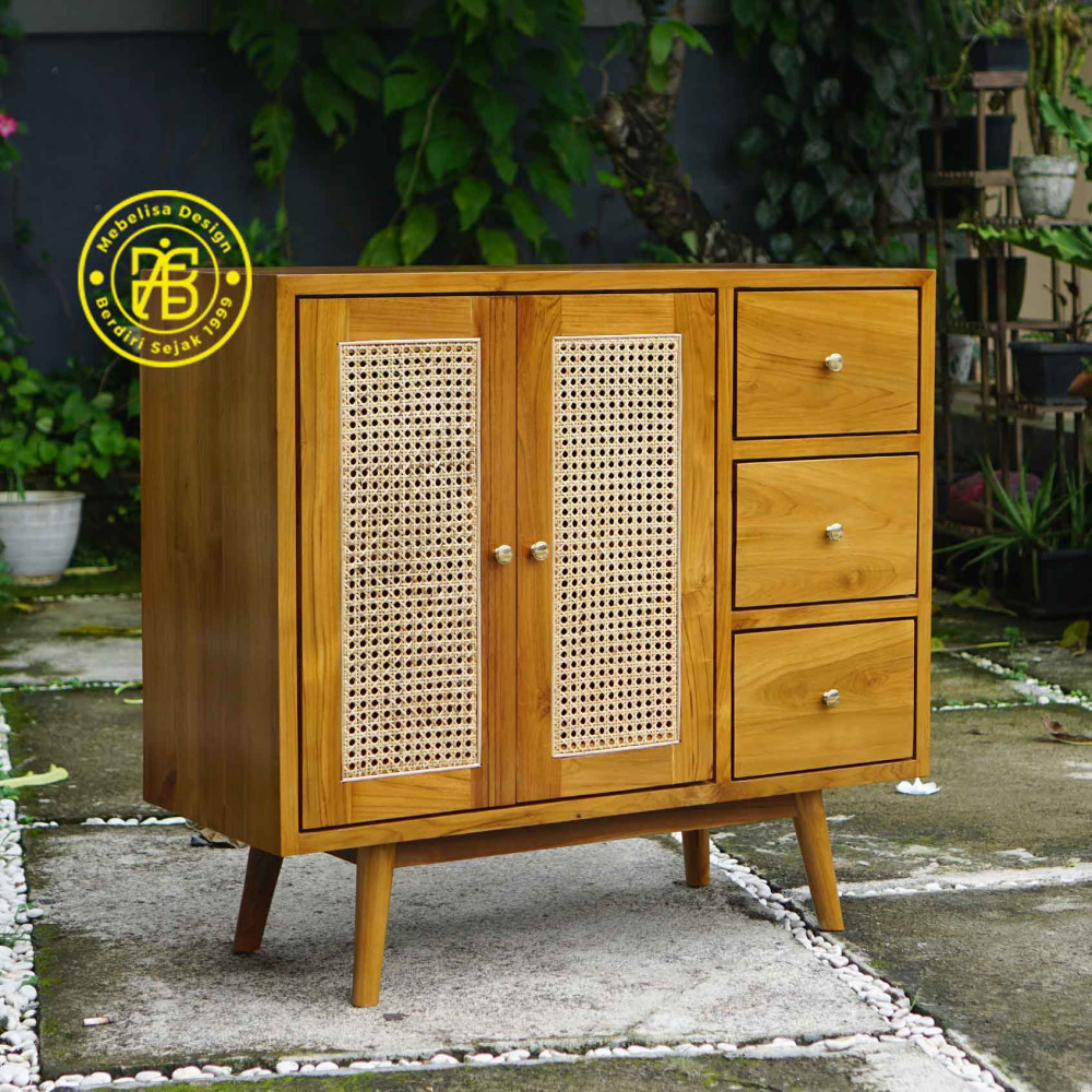 Cabinet Nakas 2 Pintu Rotan 3 Laci Minimalis Retro