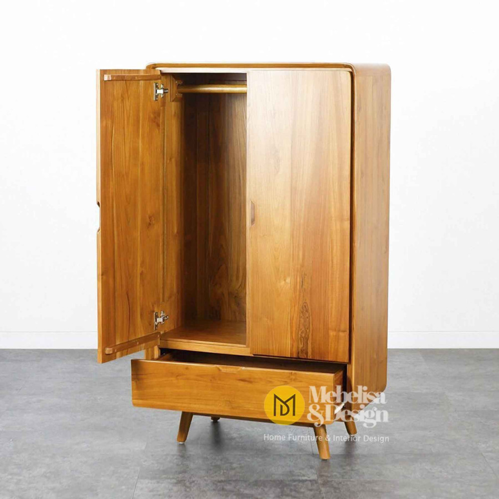 Lemari Pakaian Vintage Model Retro 2 Pintu 1 Laci Kayu Jati