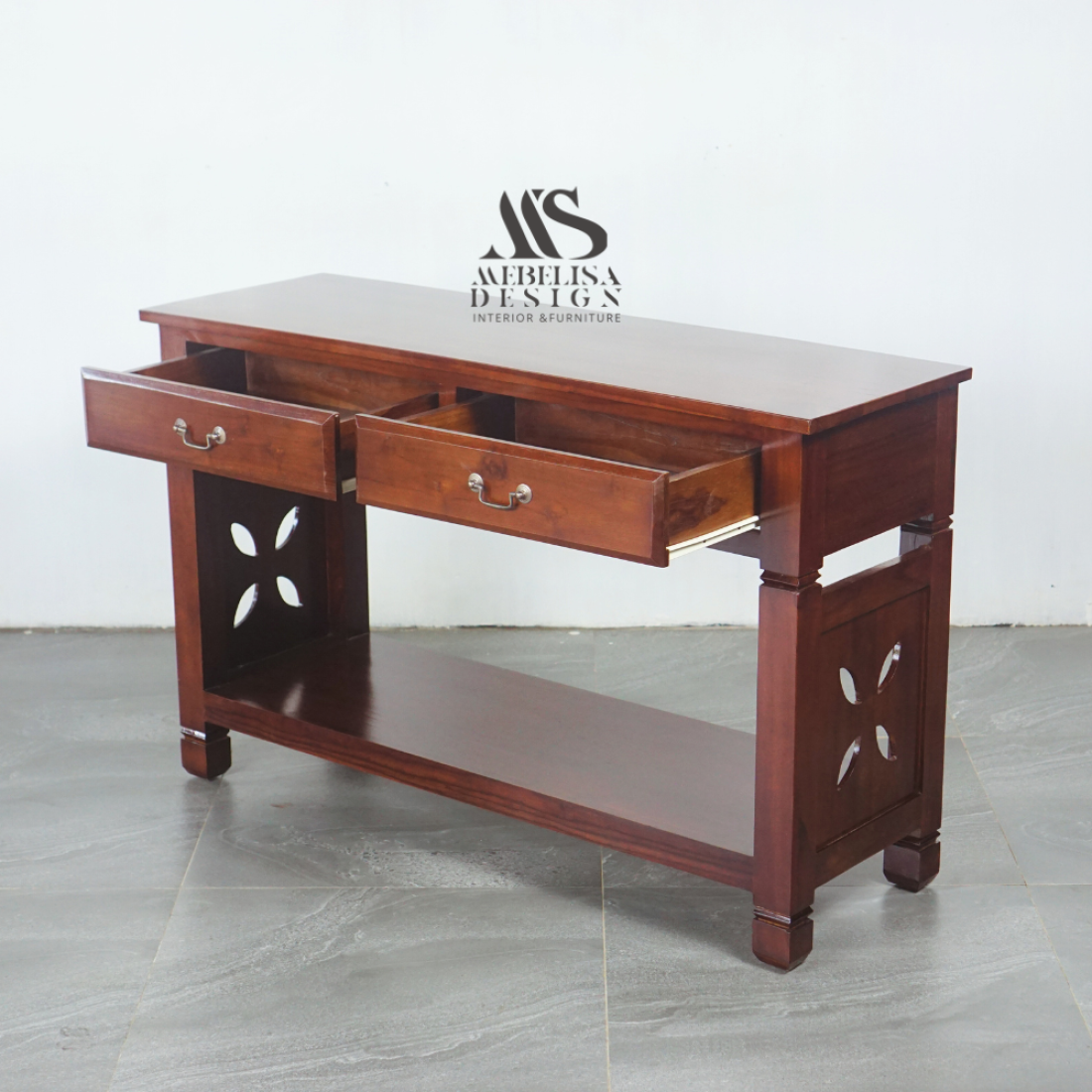 Meja Konsol Dinding Minimalis 2 Laci Kayu Jati Solid