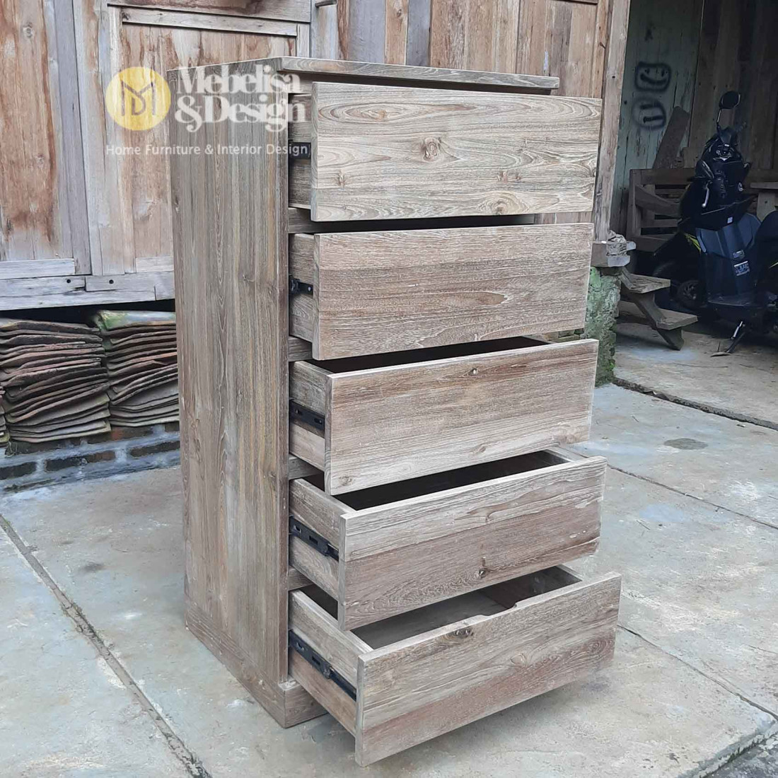 Modern Recycled Teak Wood 5 Drawer Chest