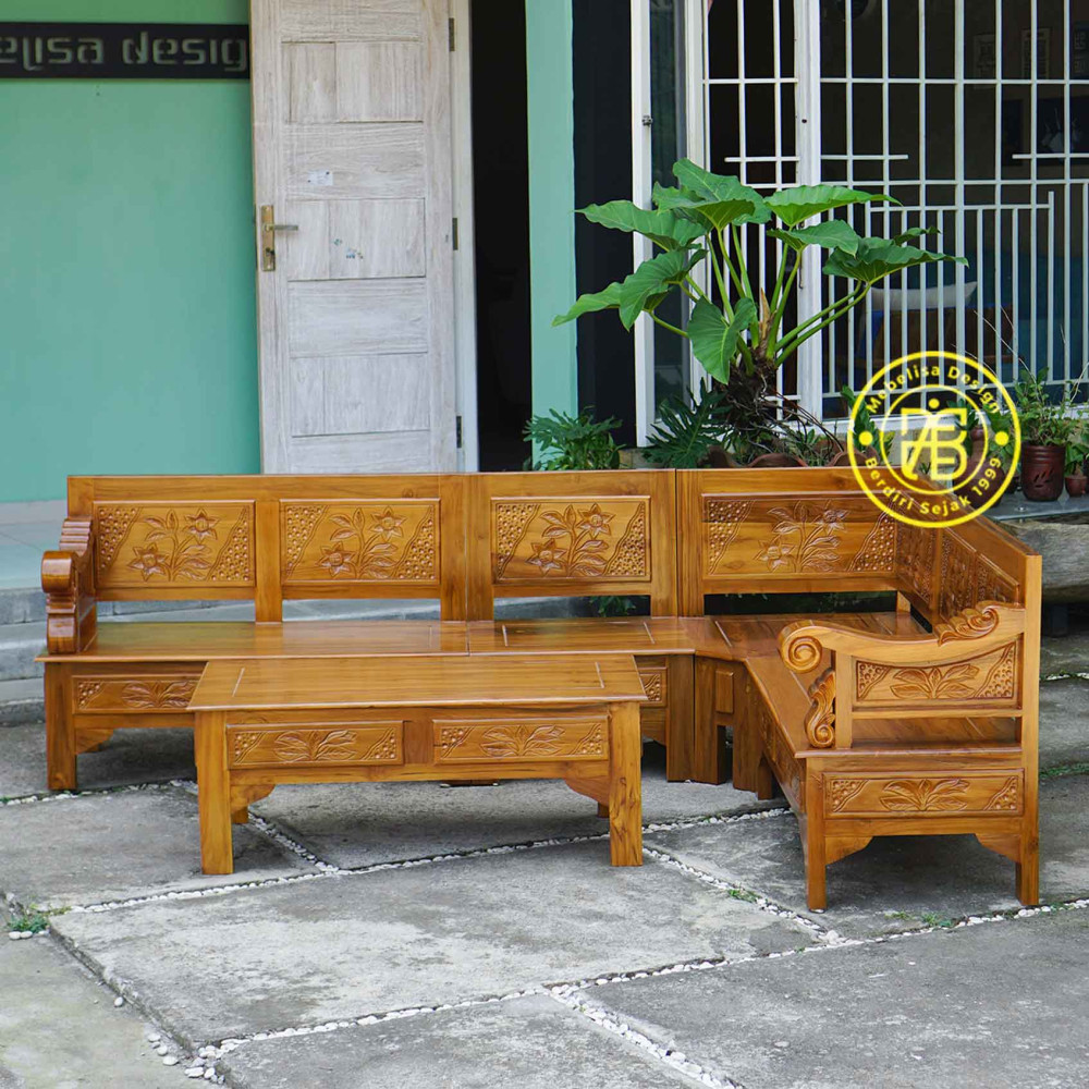 Set Kursi Tamu Sudut L Minimalis Kayu Jati Ukiran