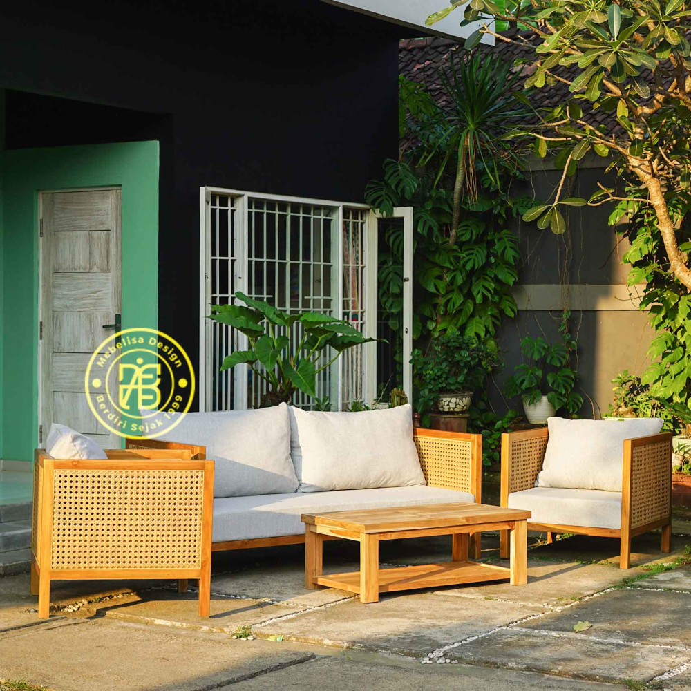 Set Sofa Tamu Kayu Jati Anyaman Rotan Minimalis Scandinavian